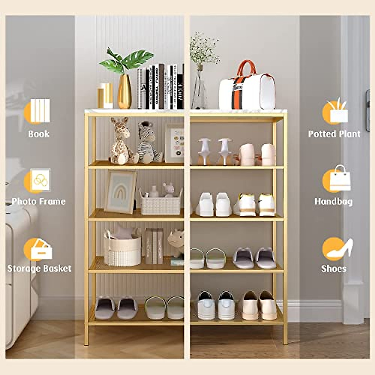 IOTXT Metal Shoe Rack, 5-Tier Shoe Storage Unit Flat, Shoe Organizer Shelf with 4 Metal Mesh Shelves and MDF Wooden Top Board for Entryway, Hallway, Closet, Living Room, Bedroom, Industrial, Gold