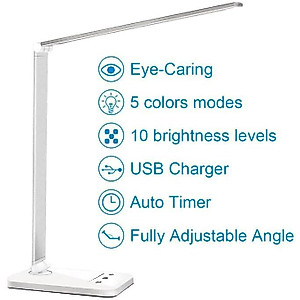 White crown LED Desk Lamp Dimmable Table Lamp Reading Lamp with USB Charging Port 5 Lighting Modes, Sensitive Control, 30/60 min Auto-Off Timer, Eye-Caring Office Lamp (Silver)