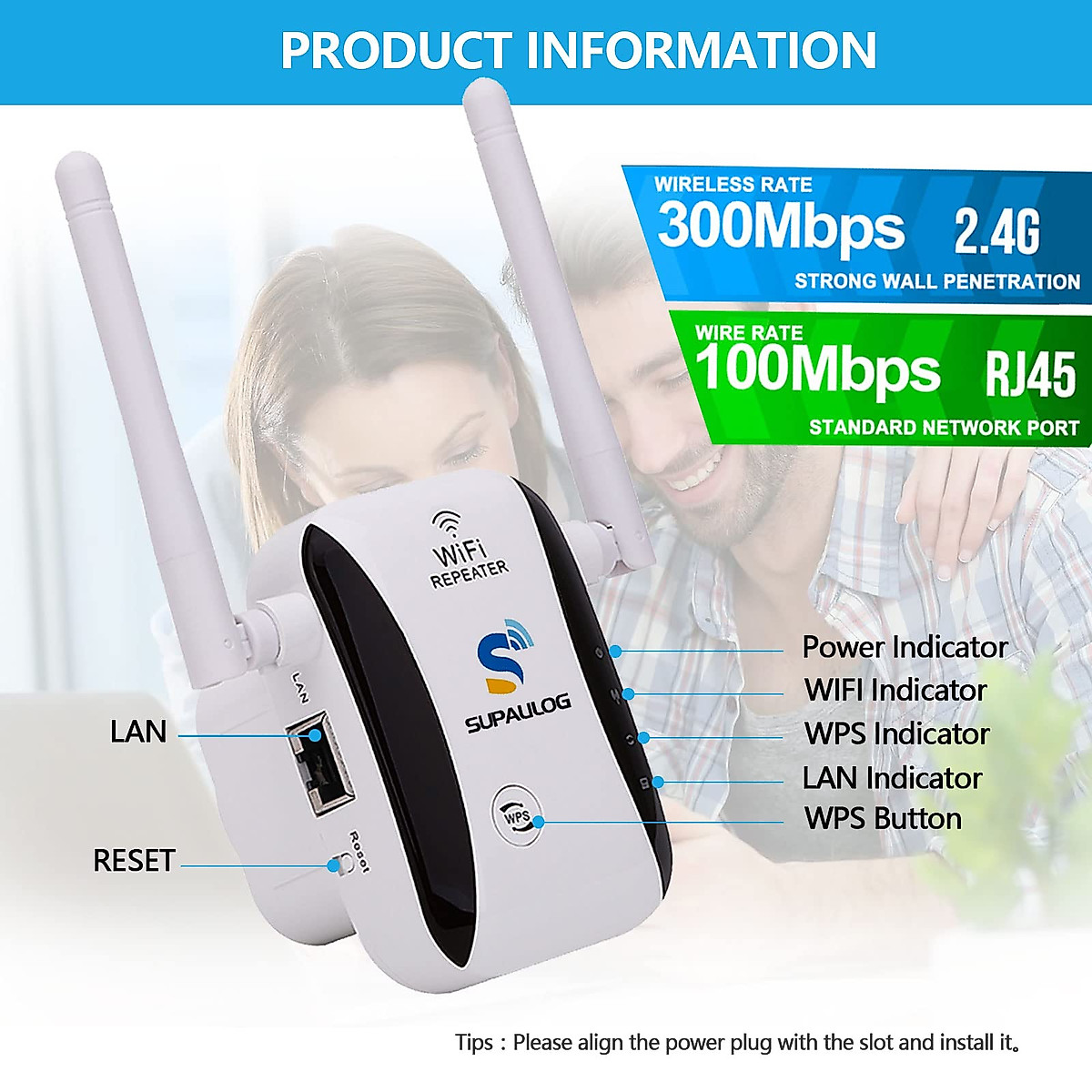 SUPALILOG WiFi Extender,WiFi Signal Booster,Up to 2640sq.ft,2 Antennas,2.4GHz 300Mbps,Range Extender,Wireless Repeater,Long Range Amplifier,360° Full Coverage with Ethernet Port and Access Point