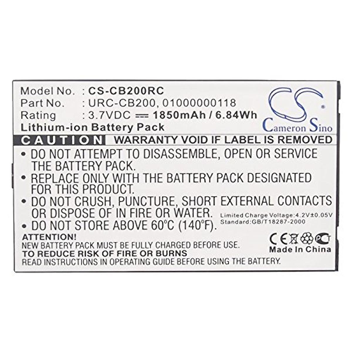 DRAWBELL Battery for S*onos CB200,CB200WR1,CR200,Controller 200,Controller CB200,Controller CR200,fit P/N:URC-CB200,01000000118 (1850mAh)