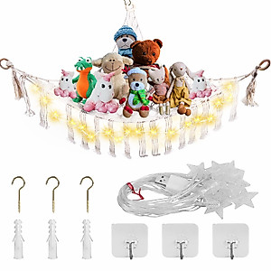 EKDJKK Stuffed Animal Hammock Macrame Plush Toy Net Hammock for Stuffed Animals with Light Pet Net for Stuffed Animals Corner Hanging Stuffed Animal Storage Holder Teddy Bear Net for Kids Room