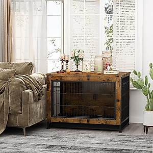 Lamerge Wooden Dog Crate Furniture for Large Dog, Heavy Duty Dog Crate End Table with Pull-Out Tray, 3-Door Dog Kennel, Indoor Pet Furniture, 44.3" L x 28.7" W x 31.9" H, Brown