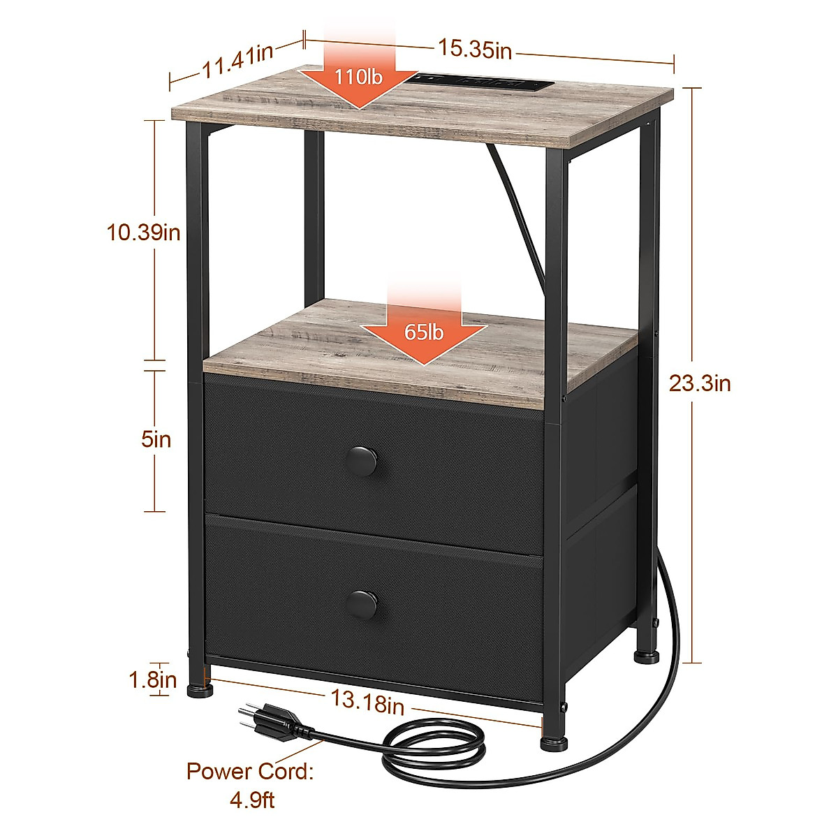 LOAKEKEL Night Stand Set 2, LED Nightstand with Charging Station, End Tables with Storage Shelf for Small Spaces, Bedside Table Side Tables with 2 Fabric Drawers for Bedroom, Greige, HETS02GY