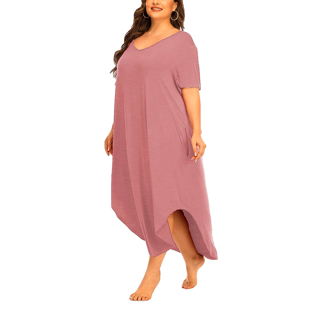 Womens Plus Size Nightgowns Sleepwear Short Sleeve Sleep Dress Maxi Night Gowns with Pockets 5X Pink