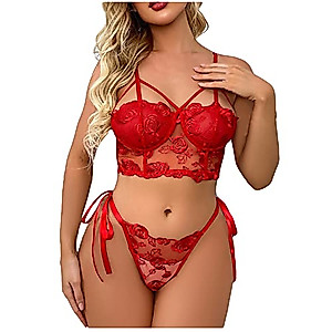 Lingerie for Women Sexy Naughty, Outfit Boudoir Outfits Lengerie Bodysuit Ladies Solid Color Lace Sling Bra Lace-Up Panties Two-Piece Split Suit with Steel Ring Stockings (S, Red)