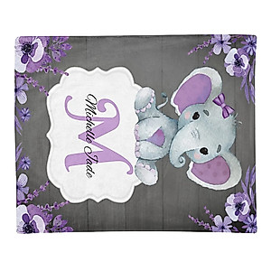 Yeshop Personalized Throw Blanket, Monogram Purple Floral Elephant Custom Blankets 50x60 Inches for Couch Bed, Fleece Blanket with Your Name Birthday for Boy Girl Teen