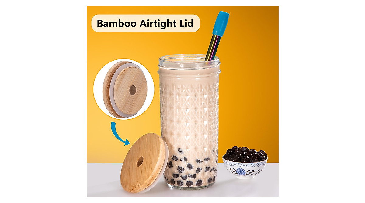 Spurtar Boba Tea Cup Kit – Reusable Glasses with Bamboo Lids