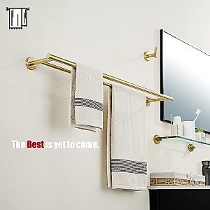JQK Double Bath Towel Bar, Brushed Gold 30 Inch 304 Stainless Steel Thicken 0.8mm Towel Rack for Bathroom, Towel Holder Wall Mount, 33 in Total Length, TB100L30-BG