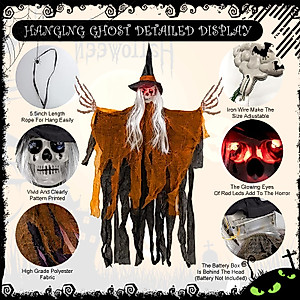 Halloween Hanging Decorations Outdoor - 3 Pack 41" Halloween Hanging Ghost Skeleton with Wizard Hat with Glowing Eyes for Halloween Porch Yard Garden Tree Outside Decorations