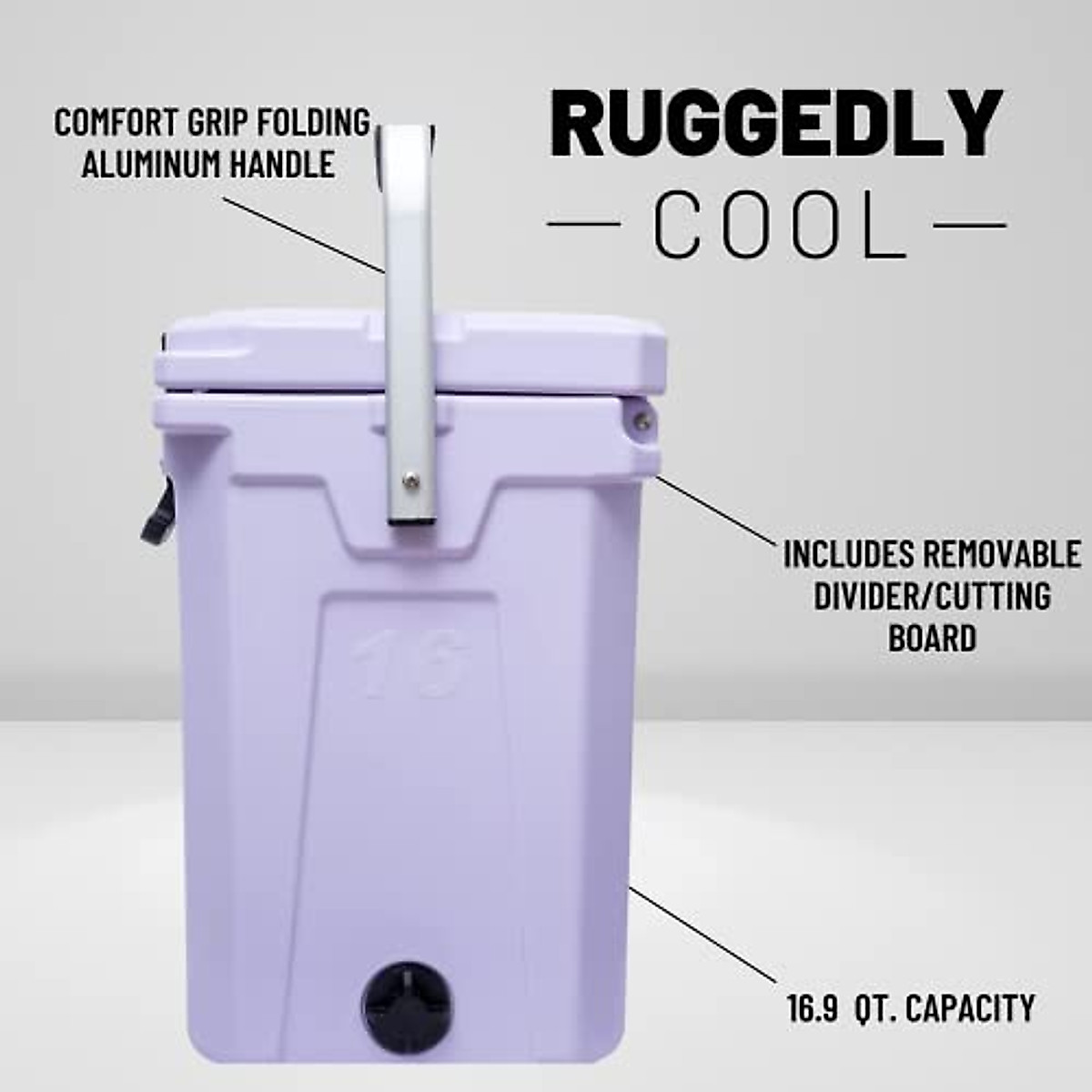 CAMP-ZERO 16L Tall Cooler/Ice Chest with 2 Molded-in Cup Holders & Folding Aluminum Handle | Thick Walled, Freezer Grade Cooler with Secure Locking System & Removable Divider (Lavender)