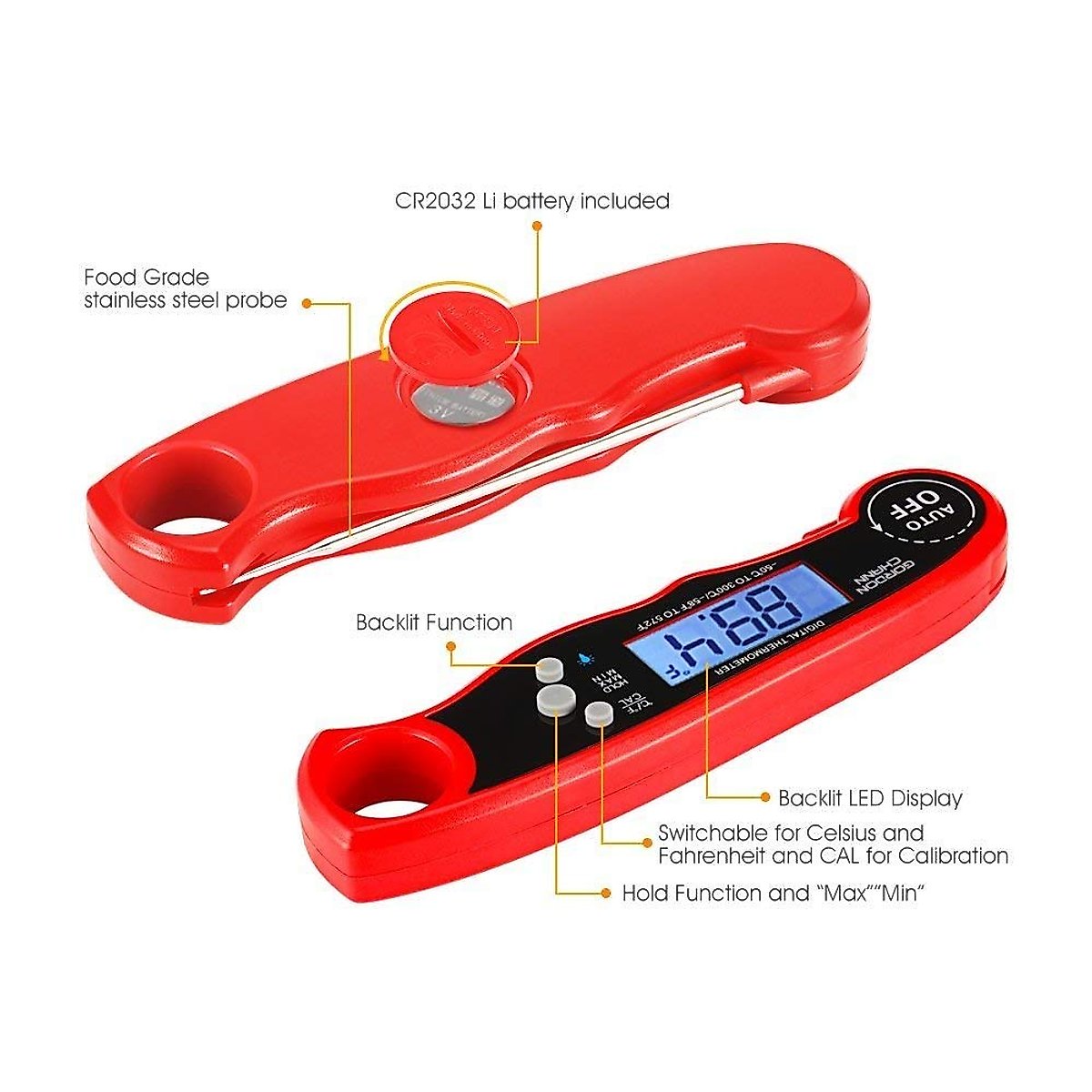 GordonChann Instant Read Meat Thermometer Waterproof Thermometer with Large Backlit LCD Calibration and Backlight Functions Thermometer for BBQ. Meat. Tea. Milk. Soup. (red)