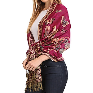 Sakkas 16126 - Liua Long Wide Woven Patterned Design Multi Colored Pashmina Shawl/Scarf - Fuchsia - OS