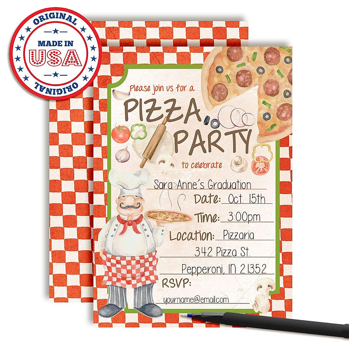 Watercolor Chef Pizza Party Themed Birthday Party Invitations for Kids, 20 5x7 Fill In Cards with Twenty White Envelopes by AmandaCreation