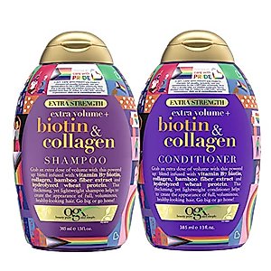 OGX Thick & Full + Biotin & Collagen Extra Strength Volumizing Shampoo + Conditioner with Vitamin B7 & Hydrolyzed Wheat Protein for Fine Hair, 13 fl oz, Pack of 2