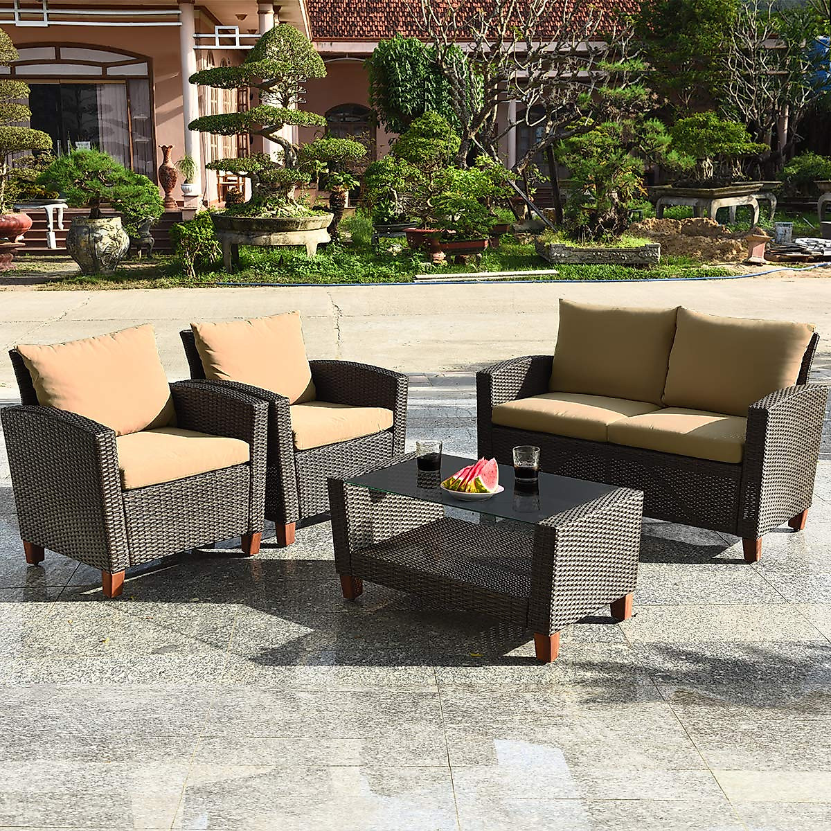 Tangkula 4 Piece Patio Rattan Furniture Set, Onesize, Beige