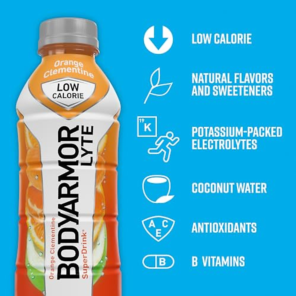BODYARMOR LYTE Sports Drink Low-Calorie Sports Beverage, Orange Clementine - Orange Citrus, Flavors With Vitamins, Potassium-Packed Electrolytes, Perfect For Athletes, 16 Fl Oz (Pack of 12)