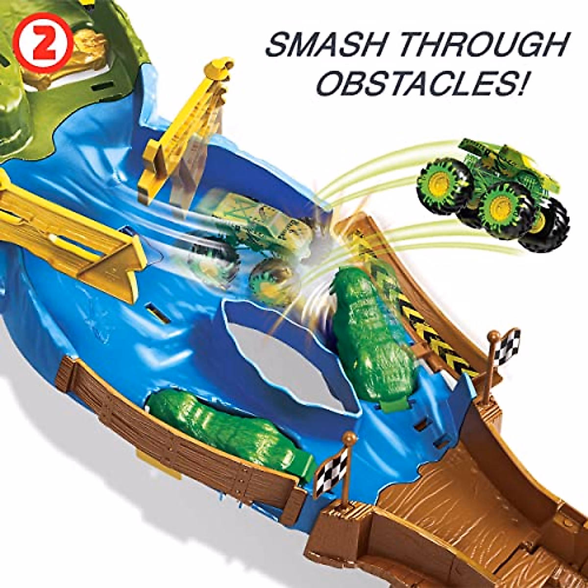 Hot Wheels Monster Trucks Wreckin' Raceway with 2 Toy Trucks: Bigfoot & Gunkster, Head-To-Head Race with Obstacles