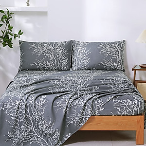 Vaulia Soft Microfiber Blossom Branches and Leaves Print Pattern Sheet Sets,White/Grey Color Full Size 4 Piece Set (1 Flat Sheet 1 Fitted Sheet 2 Pillowcases)