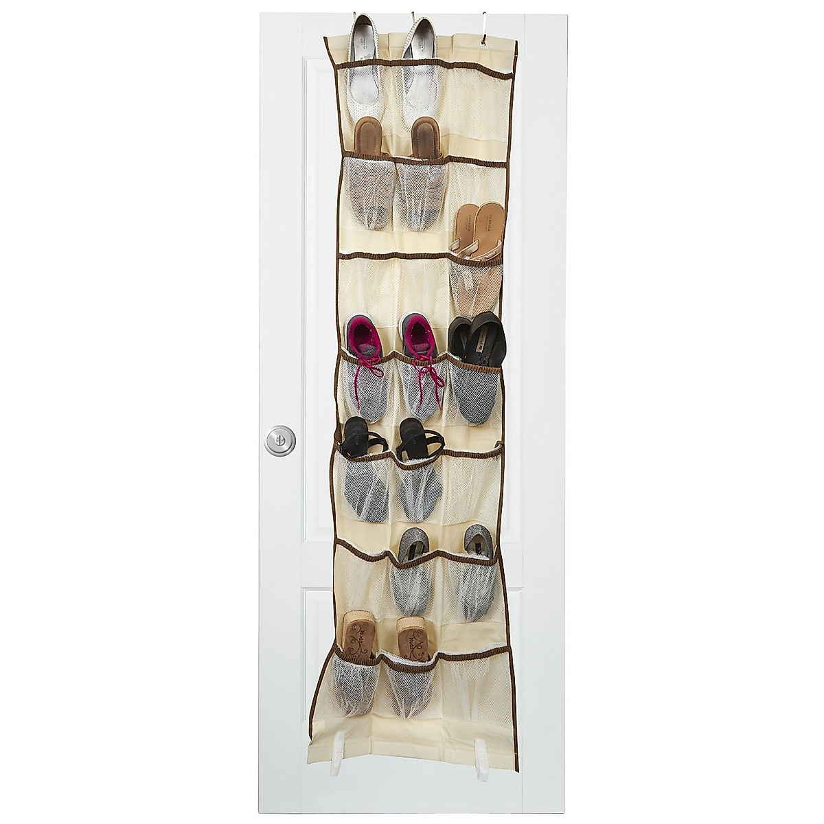 Over the Door Organizer - 42 Pockets - The beige fabric with brown trim is an attractive over door storage addition to any room. Three over the door hooks are included so there’s no assembly required