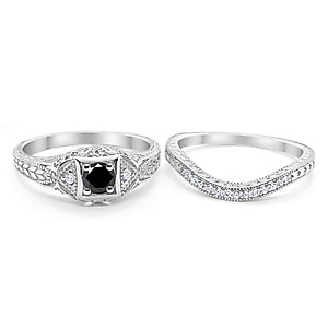 Blue Apple Co. Art Deco Vintage Style Two Piece Wedding Engagement Bridal Set Ring Band Round Simulated Black CZ Cubic Zirconia 925 Sterling Silver Size-9
