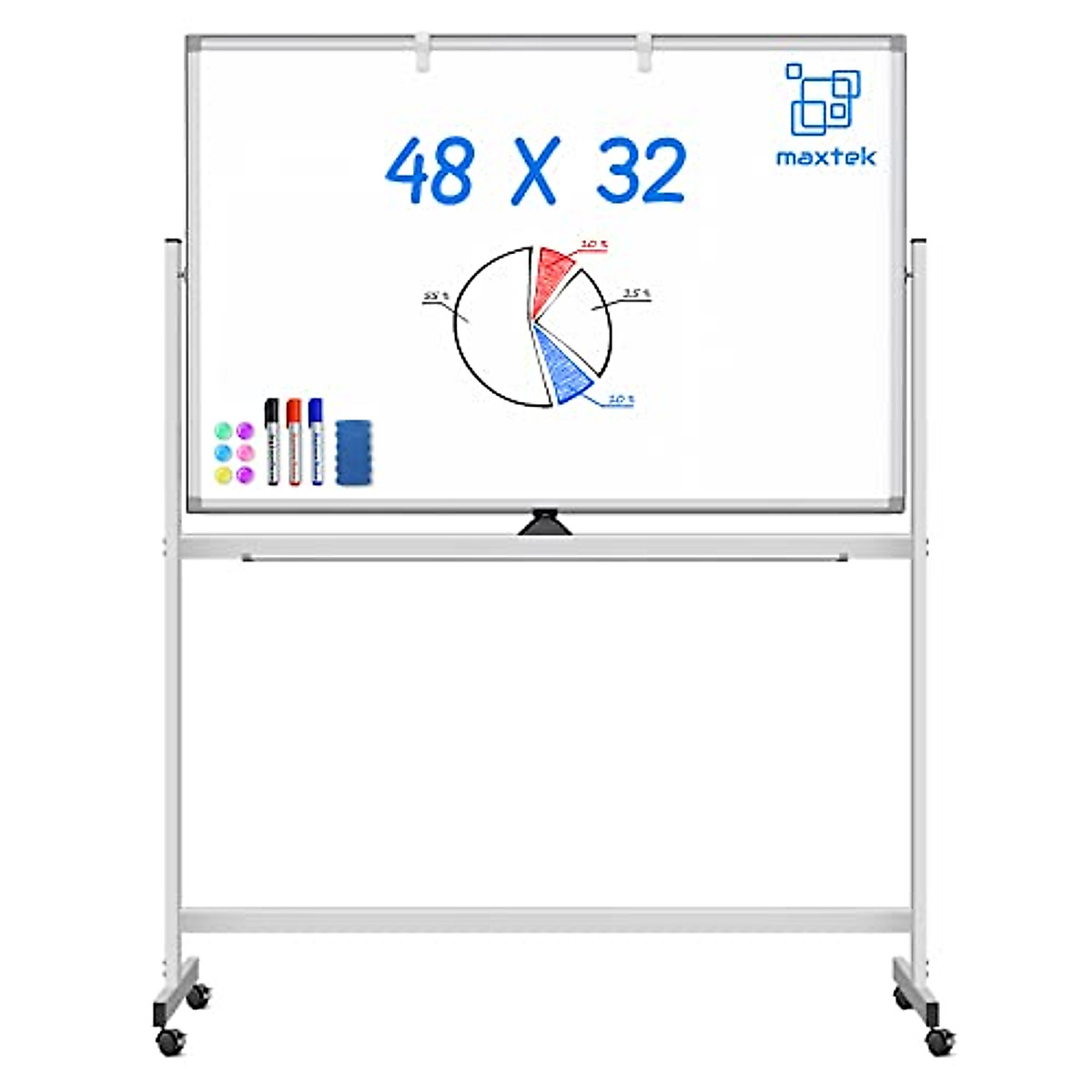 Large Rolling White Board, 48 x 32 inches Double-Sided Mobile Whiteboard, maxtek Reversible Magnetic Dry Erase Board Easel Standing Whiteboard on Wheels for Home Office Classroom, Silver