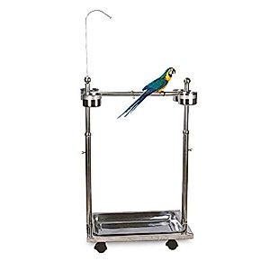 Ozzptuu Metal Bird Feeder Stand Adjustable Height Rolling Bird Perch Play Stand Parrot Playstand with Universal Wheels and Feeding Bowls