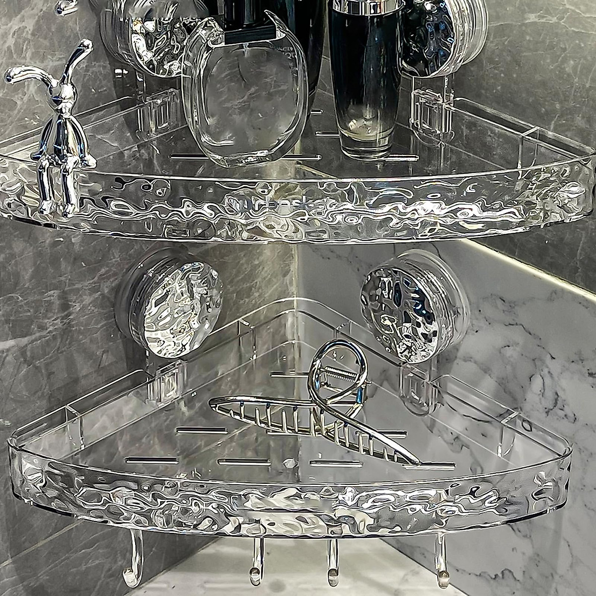 ulafbwur Corner Shower Caddy, Adhesive Shower Organizers, Bathroom Triangle Storage Shelf, Strong Load-Bearing Detachable Simple Installation Hollow Shower Shelves Storage Clear