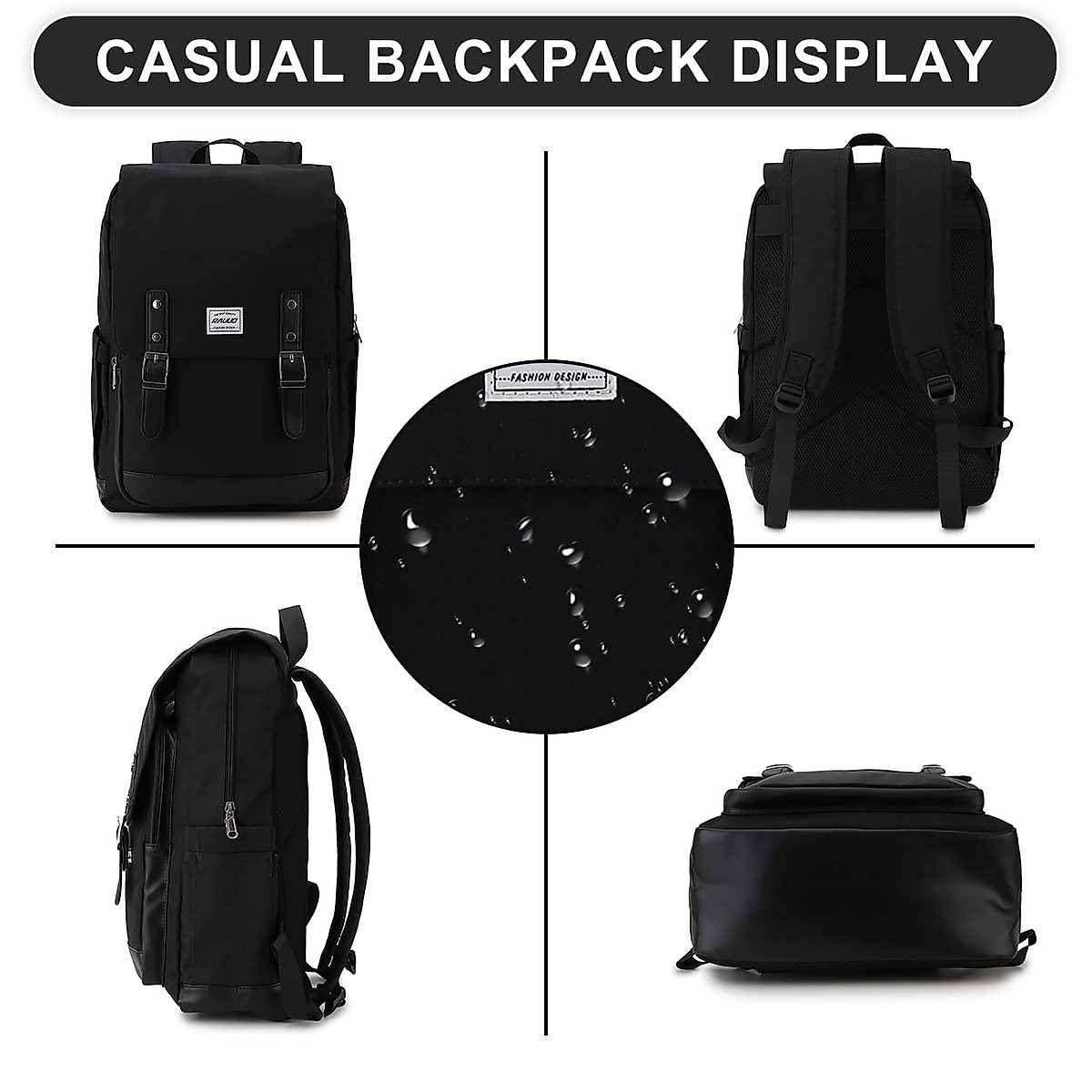 RAVUO Backpack for Women Men, Water Resistant School Backpack College Bookbag Casual Daypack Travel Rucksack Black