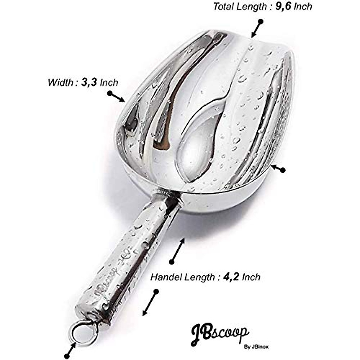JBscoop Stainless Steel Scoop for ice, 9.6 Inch Metal Food Scoop Kitchen Bar Party Wedding Heavy Duty Dishwasher Safe - 8 Oz