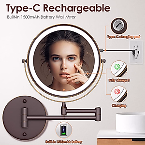Rocollos Rechargeable Wall Mounted Lighted Makeup Mirror, 8 Inch Double-Sided LED Vanity Mirror 1X/10X Magnification,3 Color Lights Touch Screen Dimmable 360°Swivel 13 Inch Extendable