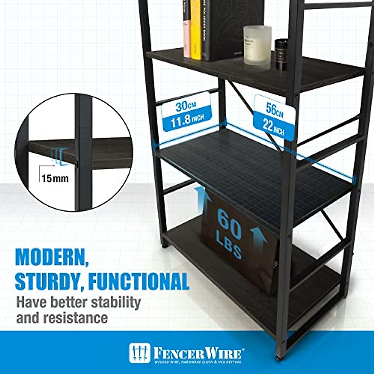 Fencer Wire 4 Tier Free Standing Shelf, 24 Inch Width Bookshelf, Bookcase Shelf Storage Organizer, Industrial Book Shelves for Home Office, Living Room, Kitchen, Black Wooden Shelves & Metal Frame