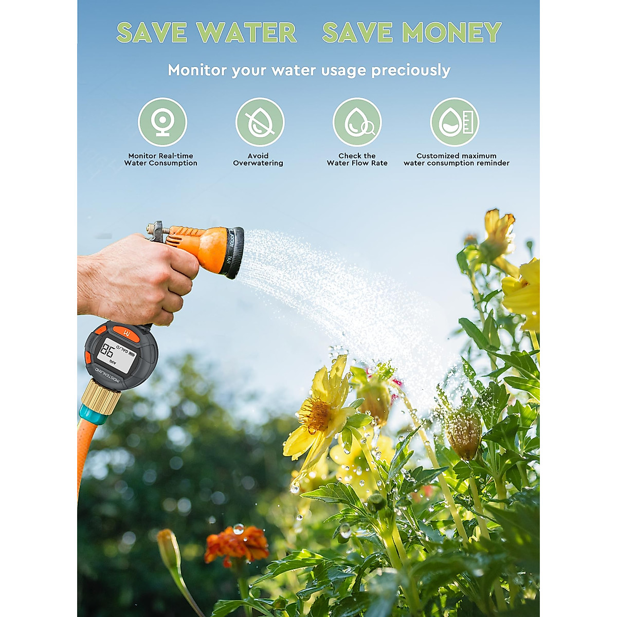 Moistenland Water Flow Meter, Water Meter with Brass Inlet, Standard 3/4" Metal, IP6X Waterproof, Water Meter for Garden Hose/RVs/Lawn/Nozzle Sprayer (Brass Inlet)