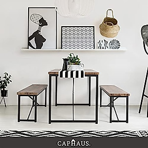 CAPHAUS 3 Pieces Dining Table Set for 4 w/Benches, Rectangular Dining Room Set, Modern Wood Bench Dining Room Table Set, Metal Frame Space-Saving Dining Set, Dining Table w/Two Benches, Rustic Oak