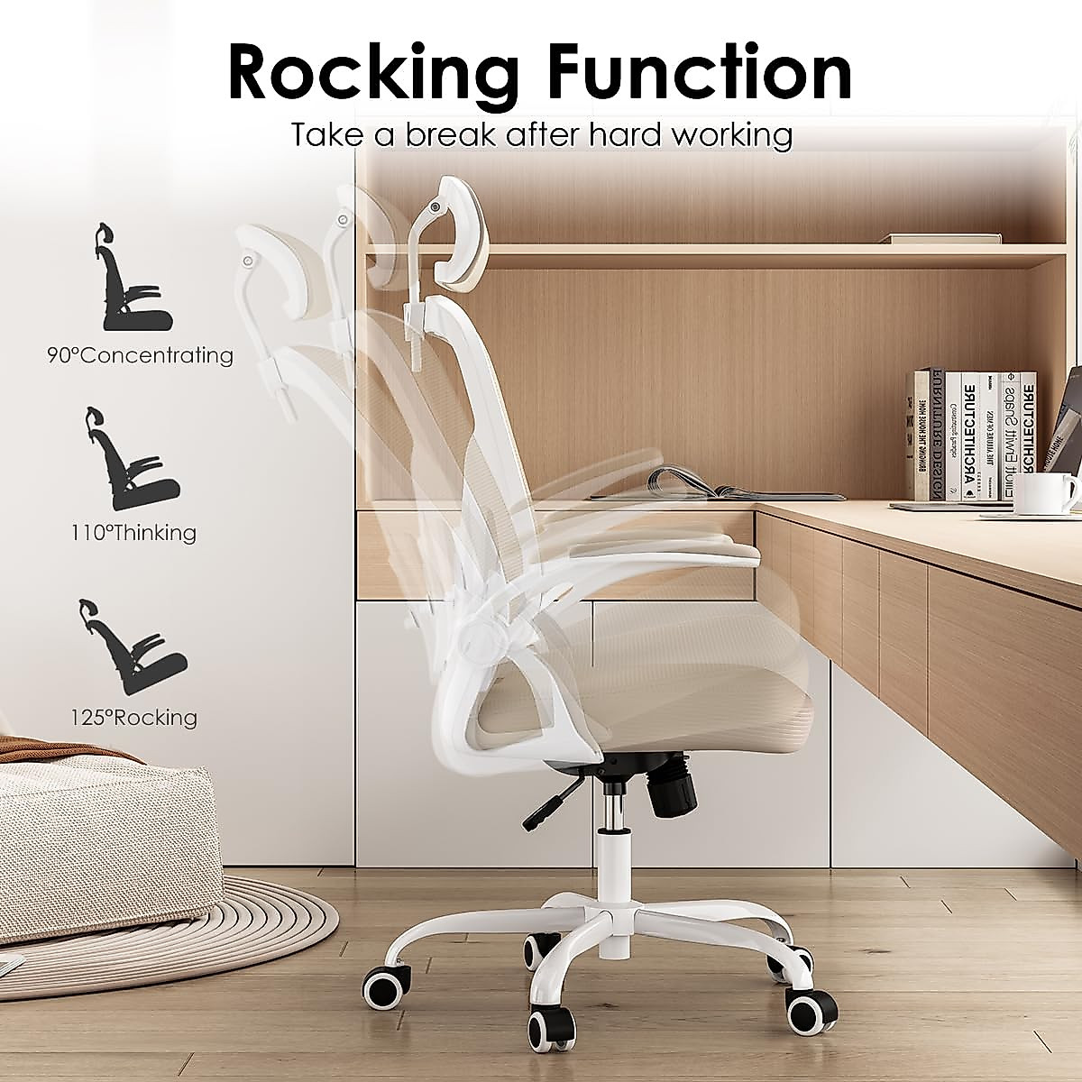 Farini Ergonomic Office Chair, Home Office Desk Chair with Headrest, High Back Computer Chair with Flip-up Armrests and Adjustable Lumbar Support for Home Office Study Bedroom, Khaki.