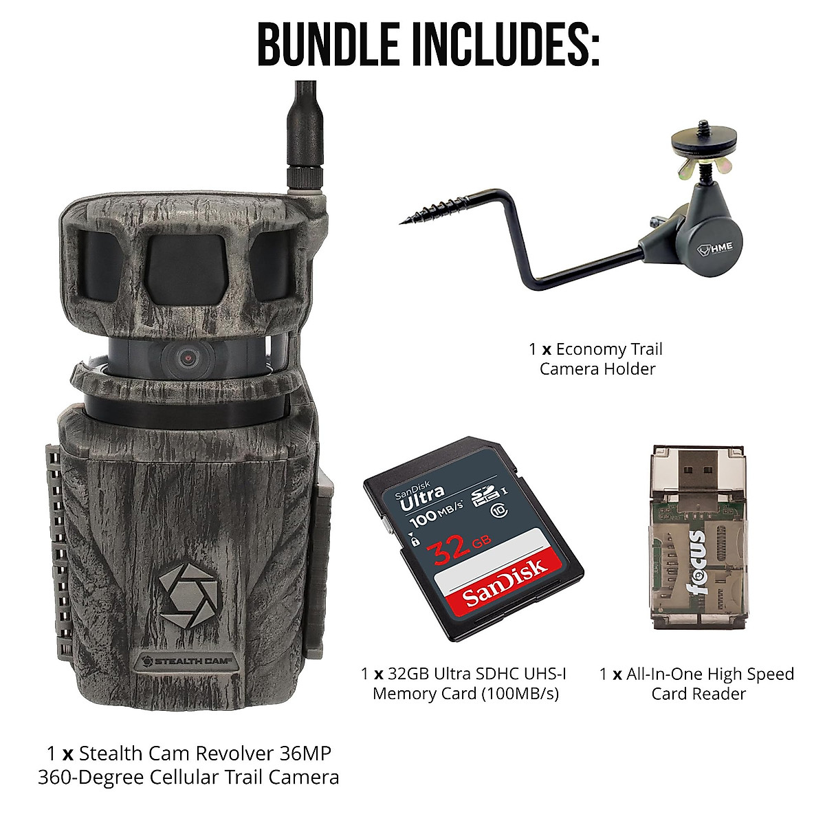 Stealth Cam Revolver 36MP 360 Degree Cellular Trail Camera with 1/4-Inch Threaded Mount Bundle with Economy Trail Camera Holder, 32GB Ultra SDHC Memory Card, and SD USB 2.0 Card Reader (4 Items)