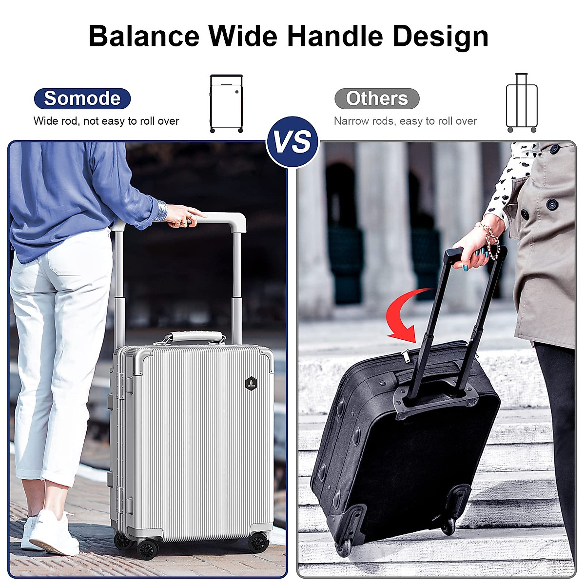 SOMODE LA SERIES Carry On Luggage 20inch Wide Handle Suitcase, Hardshell with Aluminum Frame, Supper-low noise Spinner Wheels & TSA Lock, Business Travel Carry-On Luggage (002-WHITE)
