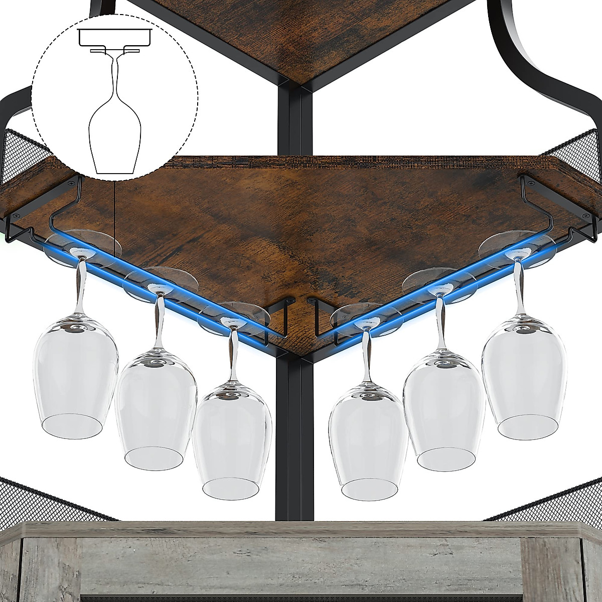 GAOMON Wine Corner Cabinet with Removable Wine Rack, Wine Cabinet and Wine Glass Bar Cabinet with Glass Rack and Mesh Door, Wine Cabinet with Reasonable Functional Partitioning (Retro Brown)