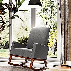 Giantx Upholstered Rocking Chair, Modern Fabric Armchair w/Wood Base, Side Pocket, Linen Padded Seat, High Back Accent Glider Rocker Chair, Mid-Century Leisure Chair for Nursery, Living Room (Gray)