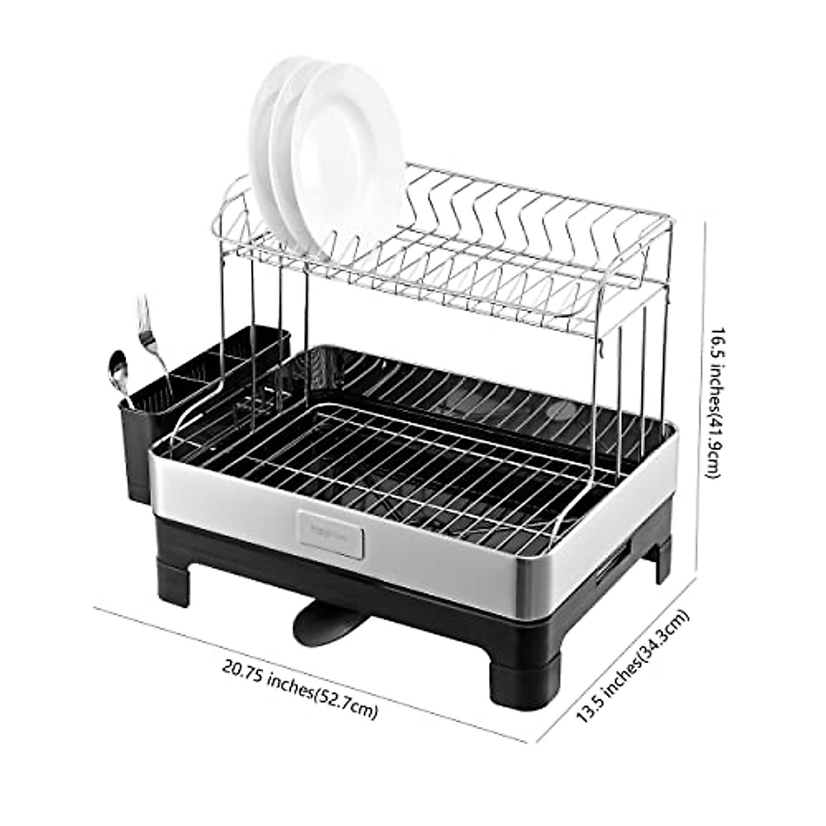 happimess DSH1004A Simple 20.75' Fingerprint-Proof Stainless Steel 2-Tier Dish Drying Rack, Dish Rack with Swivel Spout Tray, Utensil Holder, Stainless Steel/Black, Silver/Black