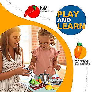 POPUTOY 28Pcs Pretend Play Kitchen Toys, Kitchen Playset Cooking Toys Set with Stainless Steel Cookware and Accessories for Kids Toddlers Girls Boys
