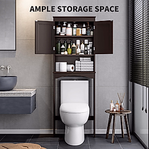 Bealife Over The Toilet Storage Cabinet with Open Shelf, Over Toilet Bathroom Organizer with Adjustable Shelf and Double Doors, Over The Toilet Storage Shelf Free Standing for Bathroom - Espresso