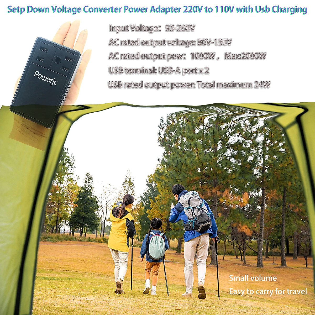 Powerjc Travel Voltage Converter Adapter Power Step Down 220V to 110V 2000W with 2 Outlets and 2 Smart USB Charging Ports Black