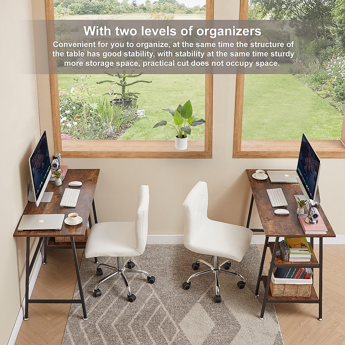 VECELO 43 Inch Computer Desk Writing Study Work Office Table Modern Desk with Shelves Wooden Desk for Home Bedroom,Walnut Desk