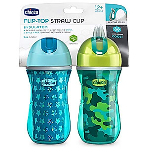 Chicco Insulated Flip-Top Straw Spill Free Baby Sippy Cup 9oz, Green/Teal, 12m+ (2pk)