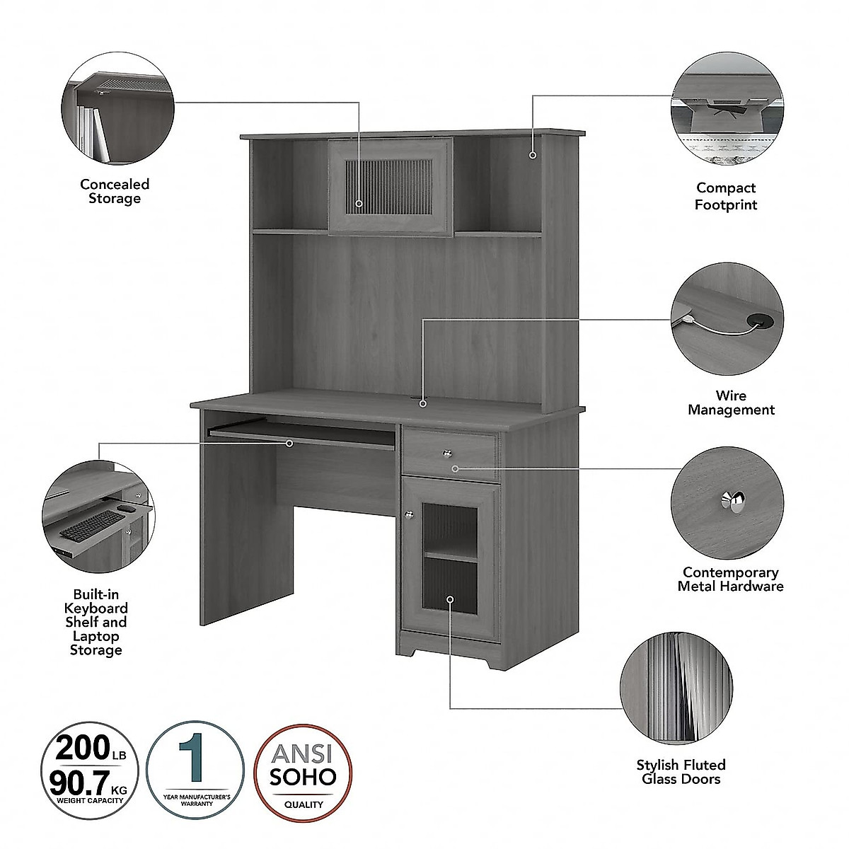 Bush Furniture Cabot Small Computer Desk with Hutch and Keyboard Tray, 48W, Modern Gray