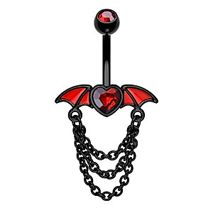CM Crareesi Mania Bat Belly Button Ring 316L Surgical Steel Dangle Chain Belly Rings 14G Black Belly Piercing Jewelry for Halloween Heart CZ Belly Button Rings