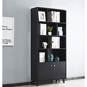 Mixcept Modern Bookcase with 2 Doors, Shelf Organizer for Display, Wooden Bookshelf Library with 6 Storage Cabinet for Home Office (Gray Oak)