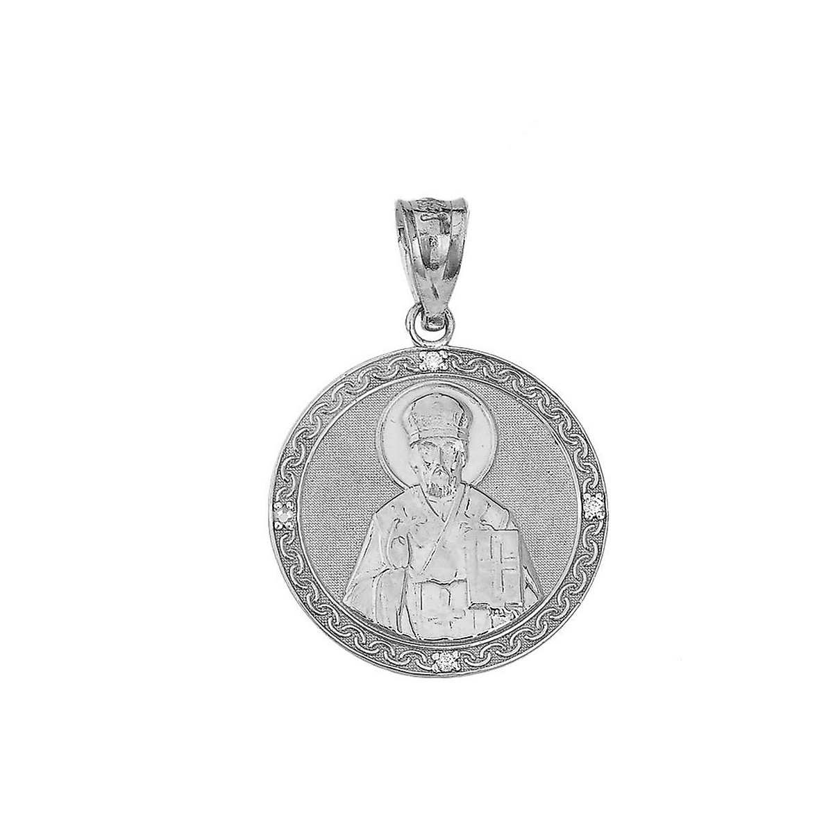 Sterling Silver Catholic Patron St. Saint Nicholas Cubic Zirconia Round Medal Religious Pendant