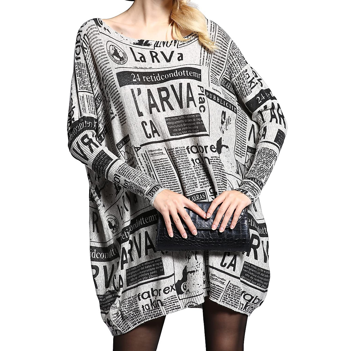 ellazhu Women's Autumn Long Sleeve Printed Newsprint Crew Neck Sweater Sweatshirt DH40 Grey