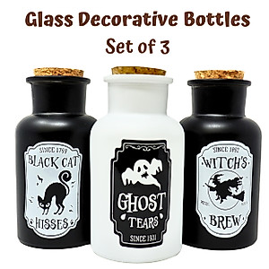 4E's Novelty Set of 3 Glass Decorative Apothecary Potion Bottles Halloween Tabletop Mantle Decorations, Halloween Witch Farmhouse Decor for Tiered Tray Table Centerpiece